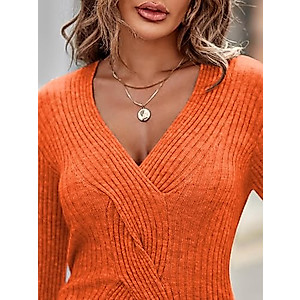 ZAFUL Women's Criss Cross V Neck Sweaters 2024 Fall Front Slit Ribbed Knit Pullover Sweater Jumper Tops Orange