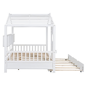 Full Size House Bed with Trundle for Kids,Full Kids Bed Frame with Storage Shelves,Wood House Bed Frame for Girls,Boys,Can be Decorated,White