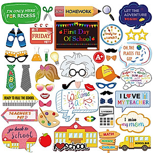 Konsait 46Count Back to School Photo Booth Props, First Day of School Welcome Decorations,Apple Pencil Stationery Chalkboard Decor for New Grade Celebrating Classroom Kindergarten Party Supplies