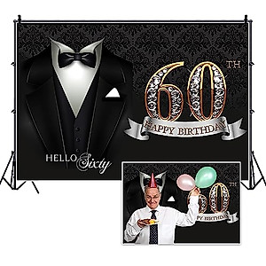 DORCEV 5x3ft Men 60th Birthday Party Backdrop Black Gold Diamonds Bow Tie White Shirt Suit Tuxedo Backdrop for Birthday Party Hello Sixty Happy 60th Birthday Dinner Party Background Banner Props