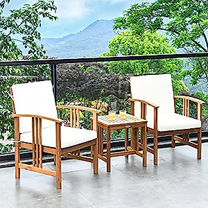 Tangkula 3 Pieces Patio Furniture Set, Includes Set of 2 Outdoor Acacia Wood Cushioned Chairs and Coffee Table, for Garden, Backyard, Poolside, Bistro and Deck, Patio Conversation Chat Set (White)