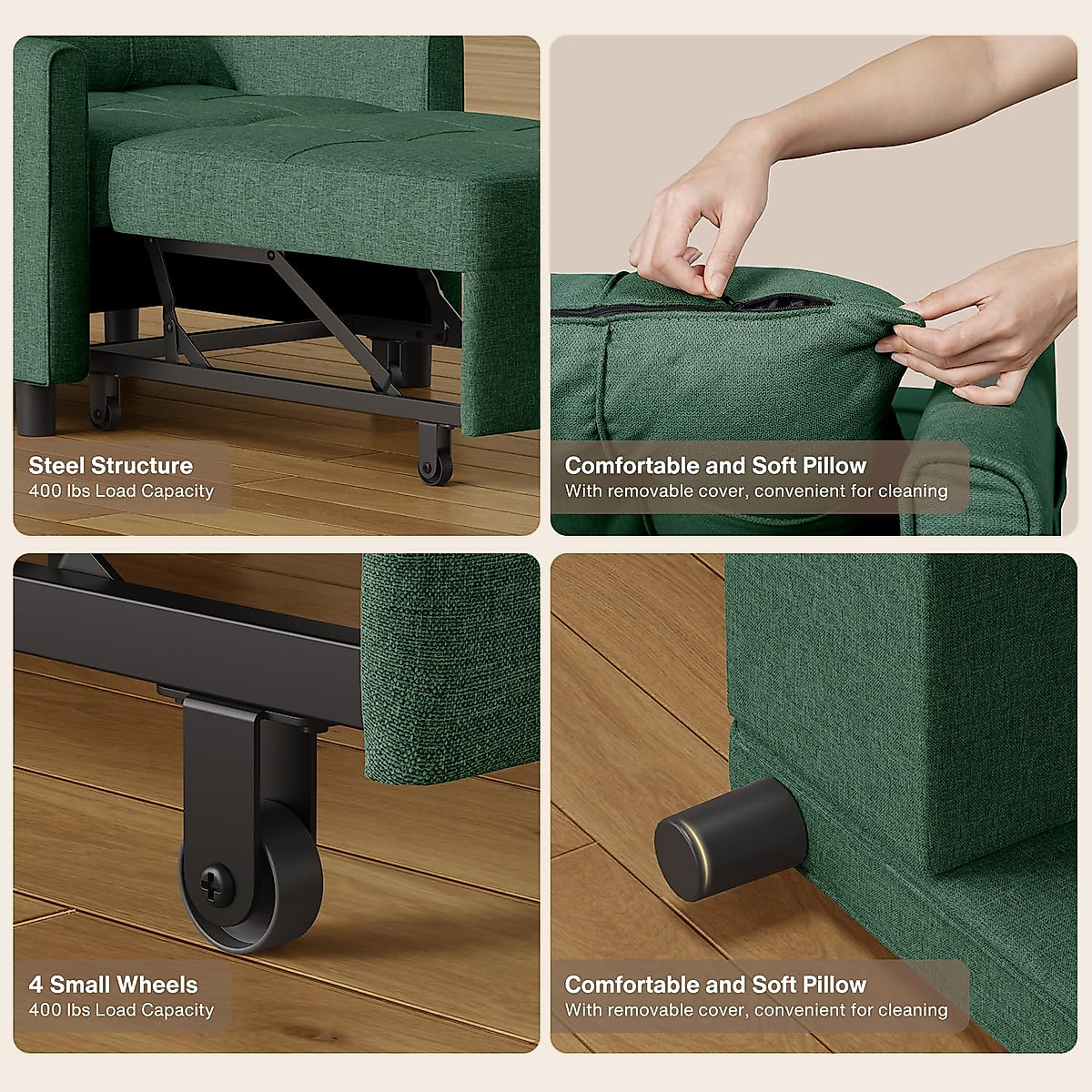 Aiho Convertible Sleeper Sofa Chair Bed with Pillow & Pocket, 3-in-1 Sofa Bed Sleeper Chair in Modern Linen Fabric for Apartment, Green