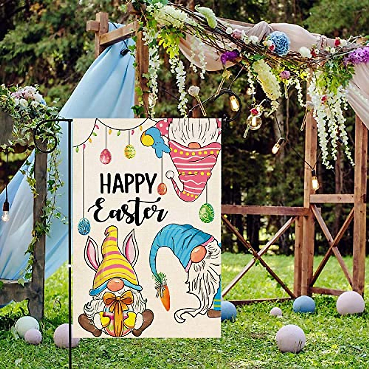 ORTIGIA Easter Gnome Garden Flag Happy Holidays 12x18Inch Burlap Double Sided Colorful Easter Eggs Flag Spring Summer Farmhouse Seasonal Outdoor Flag