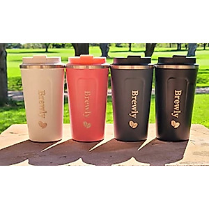 Brewly 17 oz Stainless Steel Vacuum Insulated Tumbler - Coffee Travel Mug Spill Proof Lid - Great for Coffee or Tea - Black, US Based Brand (Black)