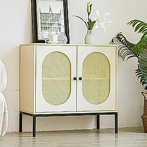 EMKK Sideboard Buffet, Kitchen Storage Rattan Decorated Doors, Liquor Cabinet, Dining Room, Hallway, Cupboard Console Table, Accent Cabine, Natural Wood