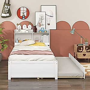 Twin Bed with Trundle, Twin Size Platform Bed with Bookcase Headboard and Pull Out Trundle Bed, Wooden Twin Bed Frame with Storage Shelves, No Box Spring Needed (Twin, White)