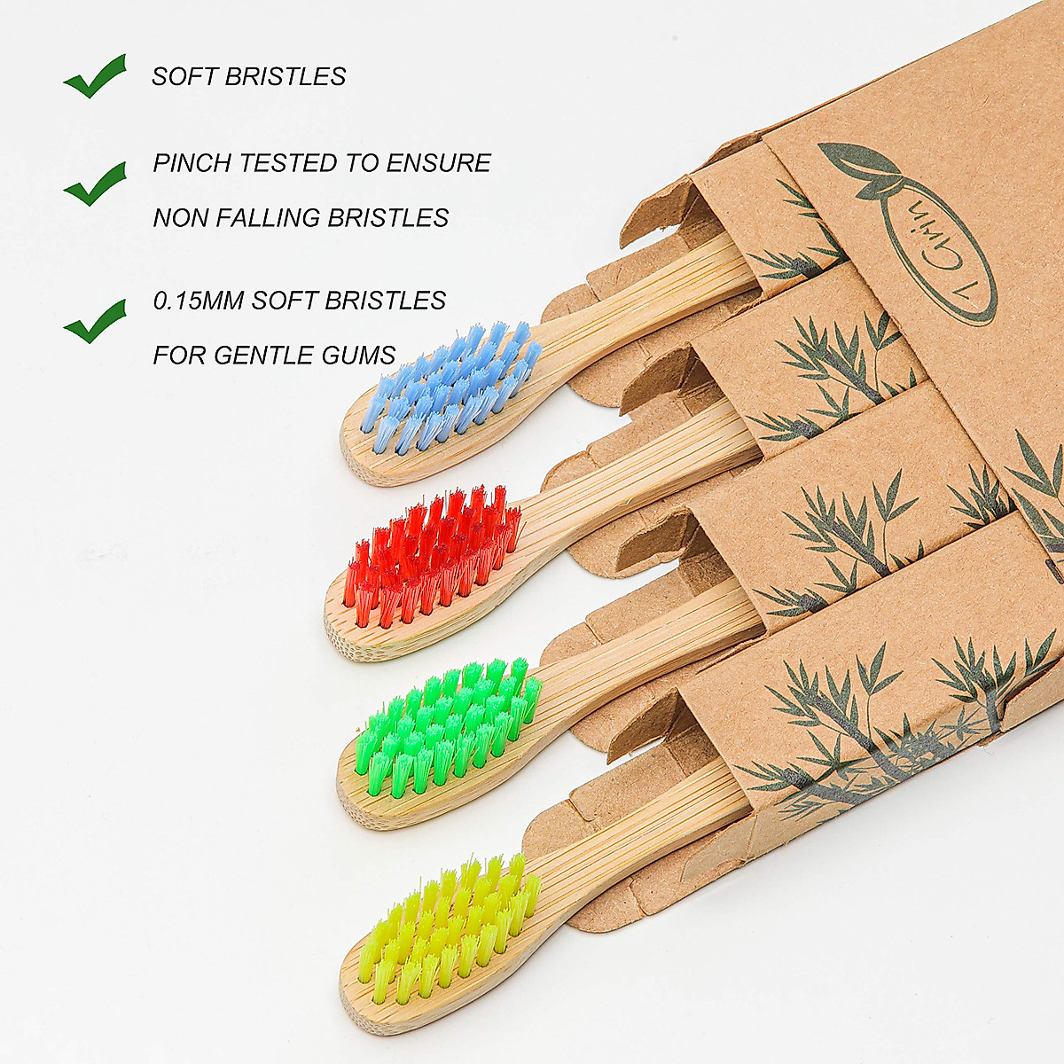 1Grin Bamboo Toothbrush, Wooden Toothbrush, Wooden Handle & Colorful Soft Bristles Heavy Duty Strong Handle Vegan Eco Friendly Natural Organic Non Plastic Zero Waste (Individually Packed 4 pcs)