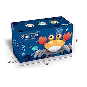 HUT Crawling Crab Baby Toy with Light Up for Kids Toddlers, Musical Toy with Automatically Avoid Obstacles, Sensory Walking Crab Toy for Kids, Tummy Time Crab Pet Toy Gift (Orange)
