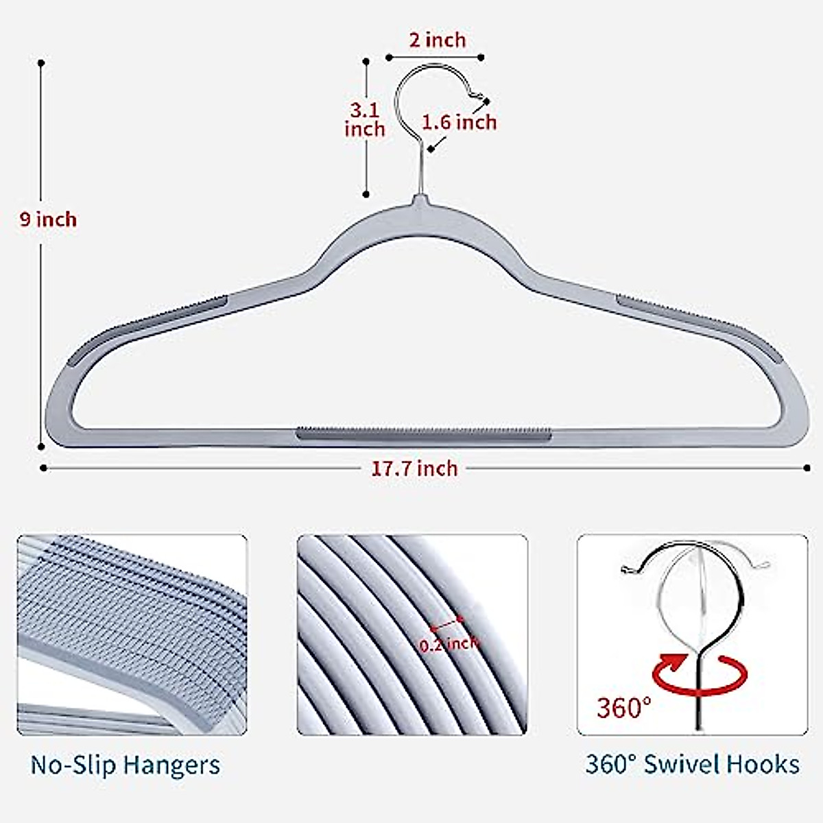 ABHENG 30 Pack Clothes Hangers, Non Slip Plastic Coat Hangers, 360°Swivel Hook, Space Saving, 0.2 Inches Thick, Heavy Duty, Hanging Dry Wet Clothes, Gray, UAPY0130G