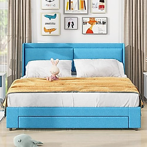 BOVZA Queen Size Lift up Storage Upholstered Platform Bed with 2 Drawers, Modern Wingback Headboard, Hydraulic Storage Bed Frame, Linen Blue