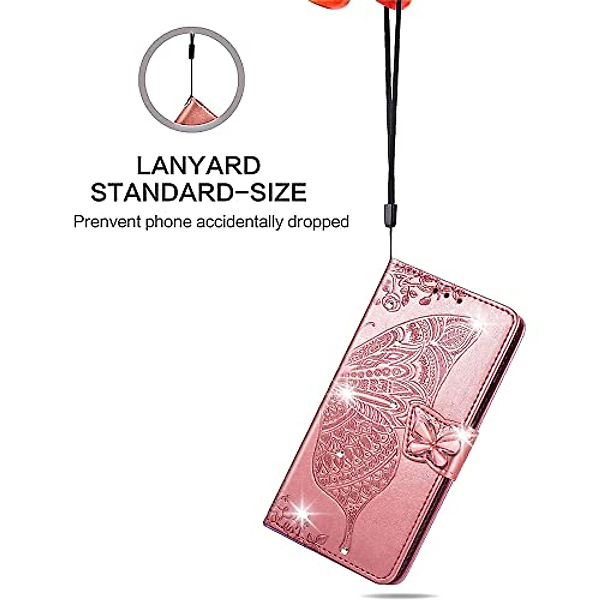 CCSmall for Oppo Find X6 Pro Wallet Case for Women Girls, Shiny Butterfly Flower PU Leather Cover with Card Slot Holder Flip Phone Case for Oppo Find X6 Pro Rhinestone Rose Gold