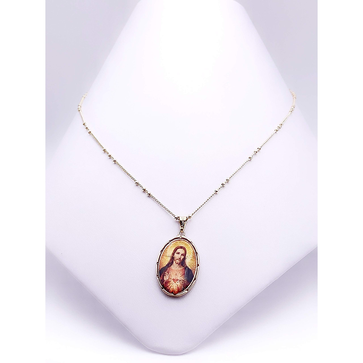 LESLIE BOULES Sacred Heart of Jesus Pendant Necklace for Women 18K Gold Plated Chain Religious Jewelry