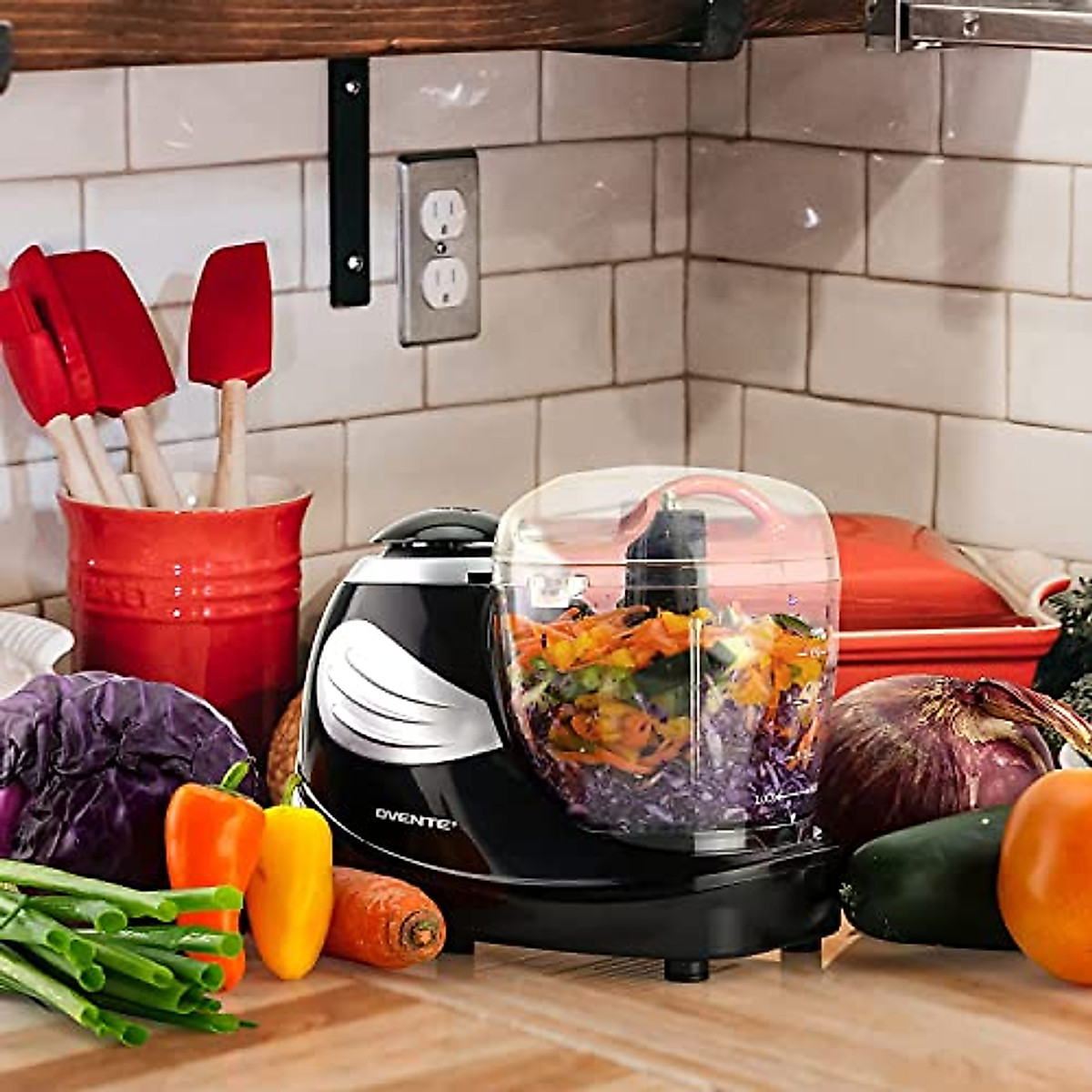 OVENTE Mini Electric Food Processor and Salad Vegetable Shake Mixer 1.5 Cup With Stainless Steel Blades Grater Slicer Chopper Juicer blenders and Emulsify Accessories Black PF1007B