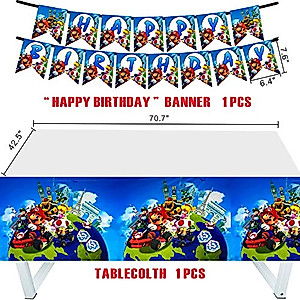 Super Mario Party Favor Party Decorations, Super Mario party Themed Flatware, Banner, Balloons, Plates, Spoons, Fork, knives, Napkins, Cake Toppers, Paper cups, Straws, Tablecloth Party Supplies Kids Boys and Baby Shower Themed Birthday Party Supplies, Su