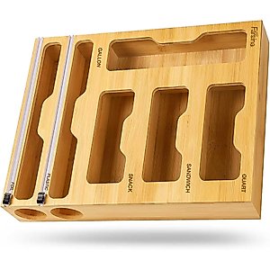 Kitchen Bag Storage Organizer 6 in1 Bamboo Foil and Plastic Wrap Dispenser with Cutter for Kitchen Drawer Suitable for Gallon Quart Sandwich Snack Bag