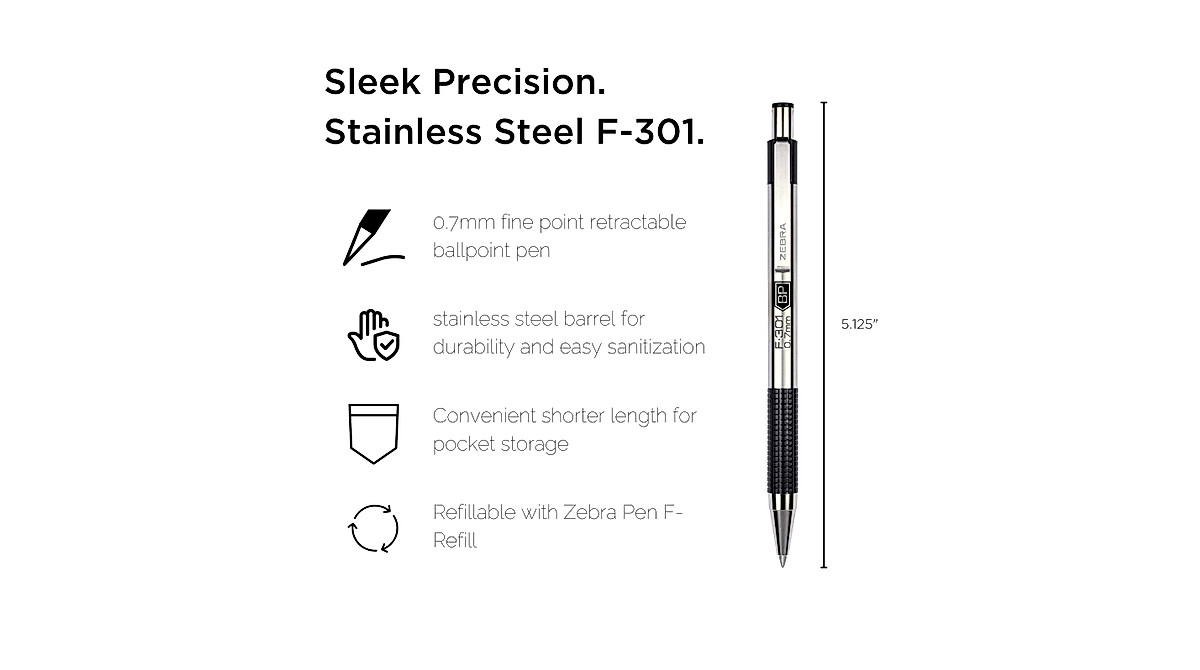 Zebra Pen F-301 Stainless Steel Retractable Pen - 12 Pack