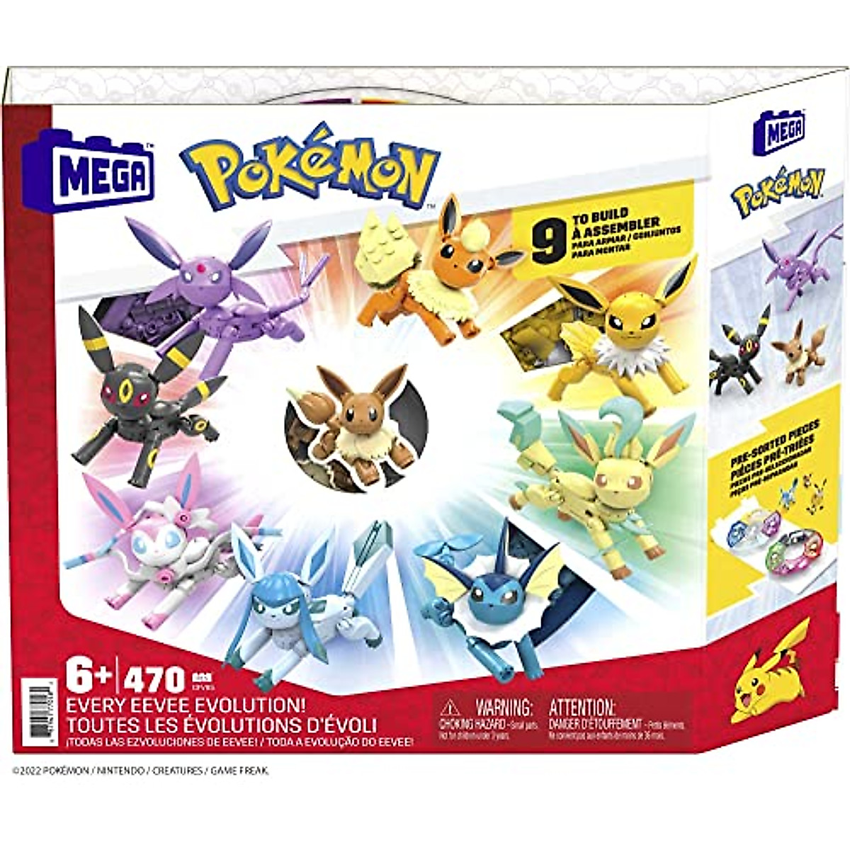 MEGA Pokemon Action Figure Building Toys for Kids, Every Eevee Evolution with 470 Pieces, 9 Poseable Characters, Gift Idea