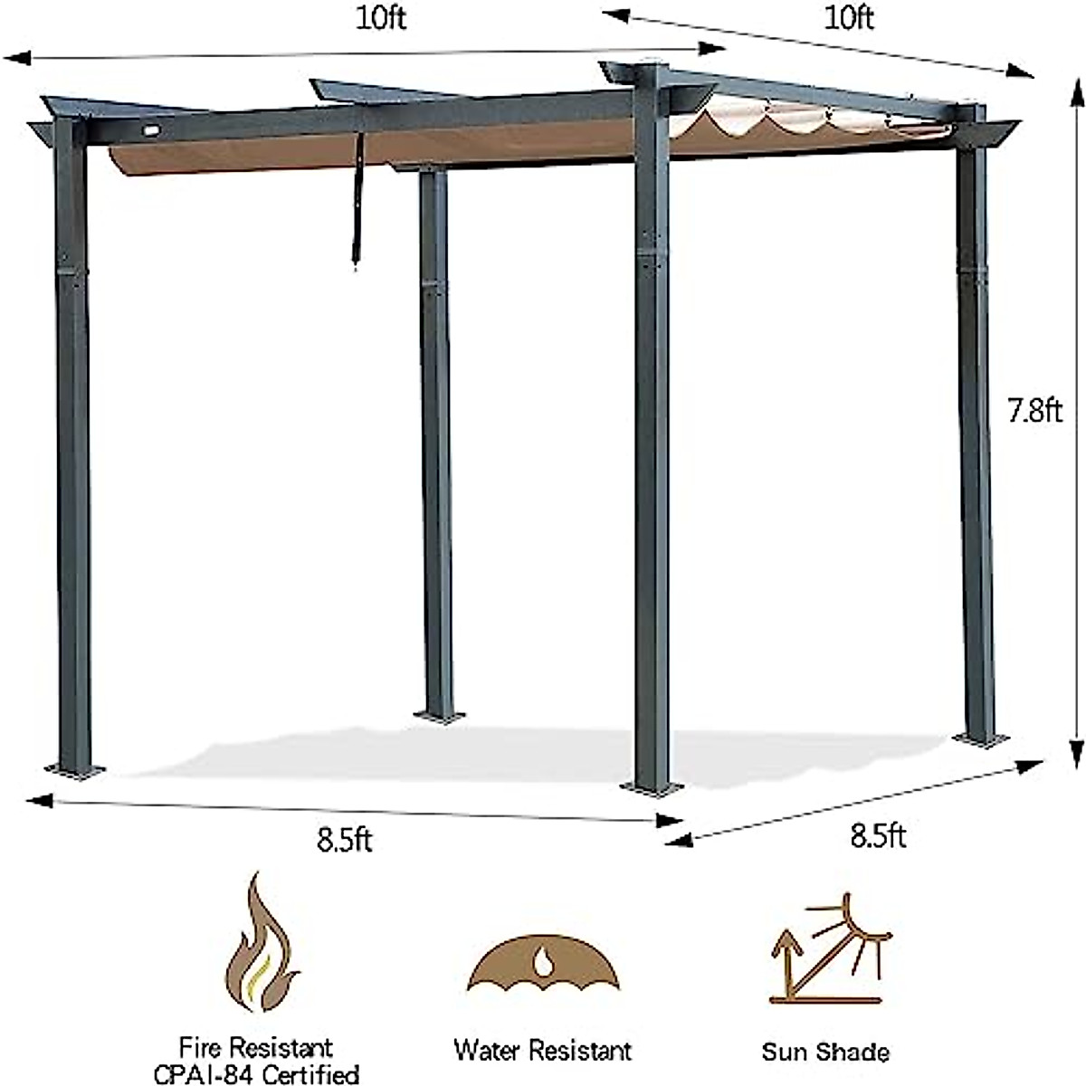 10'x10' Outdoor Retractable Pergola with Sun Shade Canopy, Heavy-Duty Aluminum Pergola Patio Modern Pergola with Retractable Canopy Sunshelter Pergola, Dark Grey+Khaki