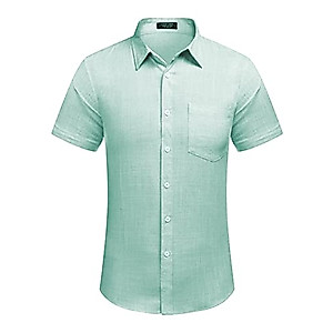 COOFANDY Mens Shirt Casual Button Down Chambray Plain Dress, Linen - Light Green, Large, Short Sleeve