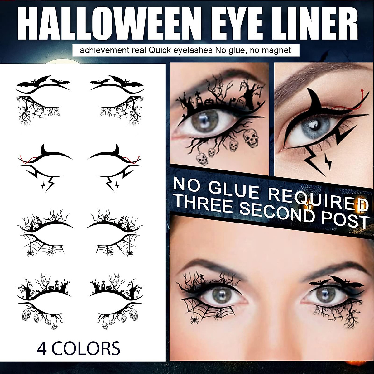 4 Pairs of Halloween Eye Shadow Temporary Tattoo Stickers Eyeliner Decals with 2 Sheets Spider Web Skull Bat Temporary Tattoo Stickers Face eye Makeup Stickers for Women Girls Halloween Masquerade Party