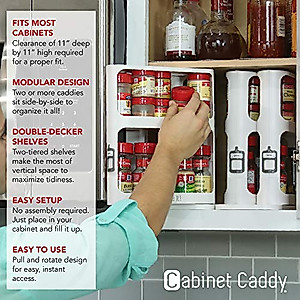 Cabinet Caddy (White) | Pull-and-Rotate Spice Rack Organizer | 2 Double-Decker Shelves | Modular Design | Non-Skid Base | Stores Prescriptions, Essential Oils | 10.8"H x 5.75"W x 10.8"D