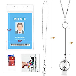 Retractable Badge Reel Lanyard with ID Holder for Women, Will Well Fashion Beaded Lanyard Stainless Steel Necklace with Water Resistant Name Badge Holder, Silver