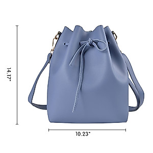 QZUnique Handbag Set Women's PU Leather Drawstring Bucket Bag Crossbody Shoulder Bags Purses Set With Colorful Strap Blue