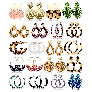 Statement Earrings for Women Girls, FIFATA 20 Pairs Mottled Resin Acrylic Drop Dangle Earrings Bohemian Rattan Hoop Fashion Costume Jewelry