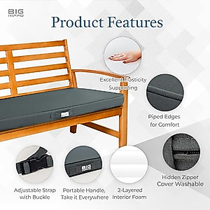 Big Hippo Foam Outdoor Bench Cushion 59 x 18 x 3 Inch, Thickened Soft Patio Furniture Cushions Porch Garden Cushions with Handle and Adjustable Straps-Grey