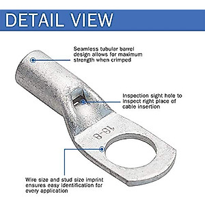 ELECFUN 10pcs 6AWG 3/8" Stud Heavy Duty Cable Lugs with Spy Hole Battery Cable Tinned Copper Ring Terminal Connectors TK16-10