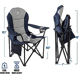 Coastrail Outdoor Camping Chair Oversized Padded Folding Quad Arm Chairs with Lumbar Back Support, Cooler Bag, Cup Holder & Side Pocket, Extra Head Pocket, Supports 400 lbs (Blue, Modern)