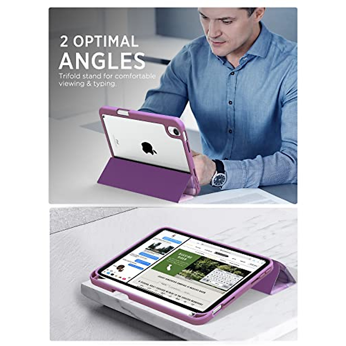 MoKo Case Fit New iPad Mini 6 Case with Pencil Holder (6th Gen 8.3 inch 2021), Soft TPU Frame Hard PC Clear Transparent Back Shell Smart Cover for iPad Mini 6 2021, Auto Wake/Sleep, Marble Gold Purple