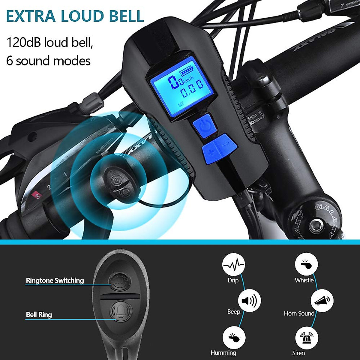 VIGIND Bike Light Set with Bicycle Speedometer, USB Rechargeable Bike Computer with Loud Bike Bell, Waterproof Bike Front Light and Tail Light, Bicycle Headlight Taillight for All Mountain & Road Bike