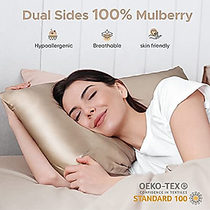 100% Mulberry Silk Pillowcase for Hair and Skin Set of 2,Allergen Resistant Dual Sides,600 Thread Count Silk Bed Pillow Cases with Hidden Zipper,2pcs,(Standard Size,Taupe)