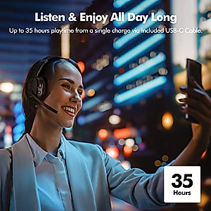 COSMUSIS Bluetooth Headphones Over-Ear, Wireless Headsets Bluetooth Earphones w/Deep Bass, 35Hrs Playtime, Detachable Earpad Single/Dual Mode for Office/Home, Business Headset w/Noise Cancelling Mic