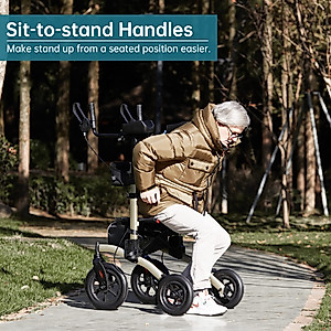 ELENKER All-Terrain Upright Rollator Walker, Stand up Rolling Walker with Seat, 12” Non-Pneumatic Tire Wheels, Compact Folding Design for Seniors, Champagne