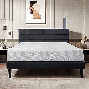 subrtex Twin Bed Frame with Headboard,Upholstered Faux Leather Mattress Foundation Platform with Solid Wood Slat Support,No Box Spring Needed,Noise-Free,and Easy Assembly Black