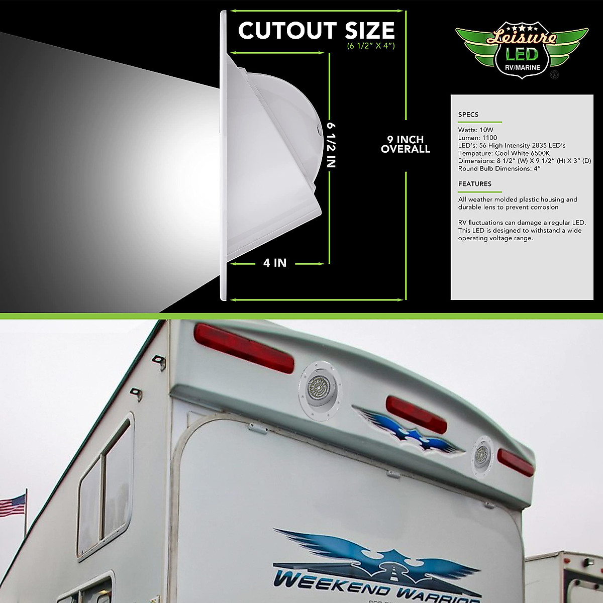 Leisure LED RV Exterior Round Flood Porch Utility Light - White 12v 1100 Lumen Lighting Fixture Replacement Lighting for Weekend Warrior RVs, Trailers, Campers, 5th Wheels (White)