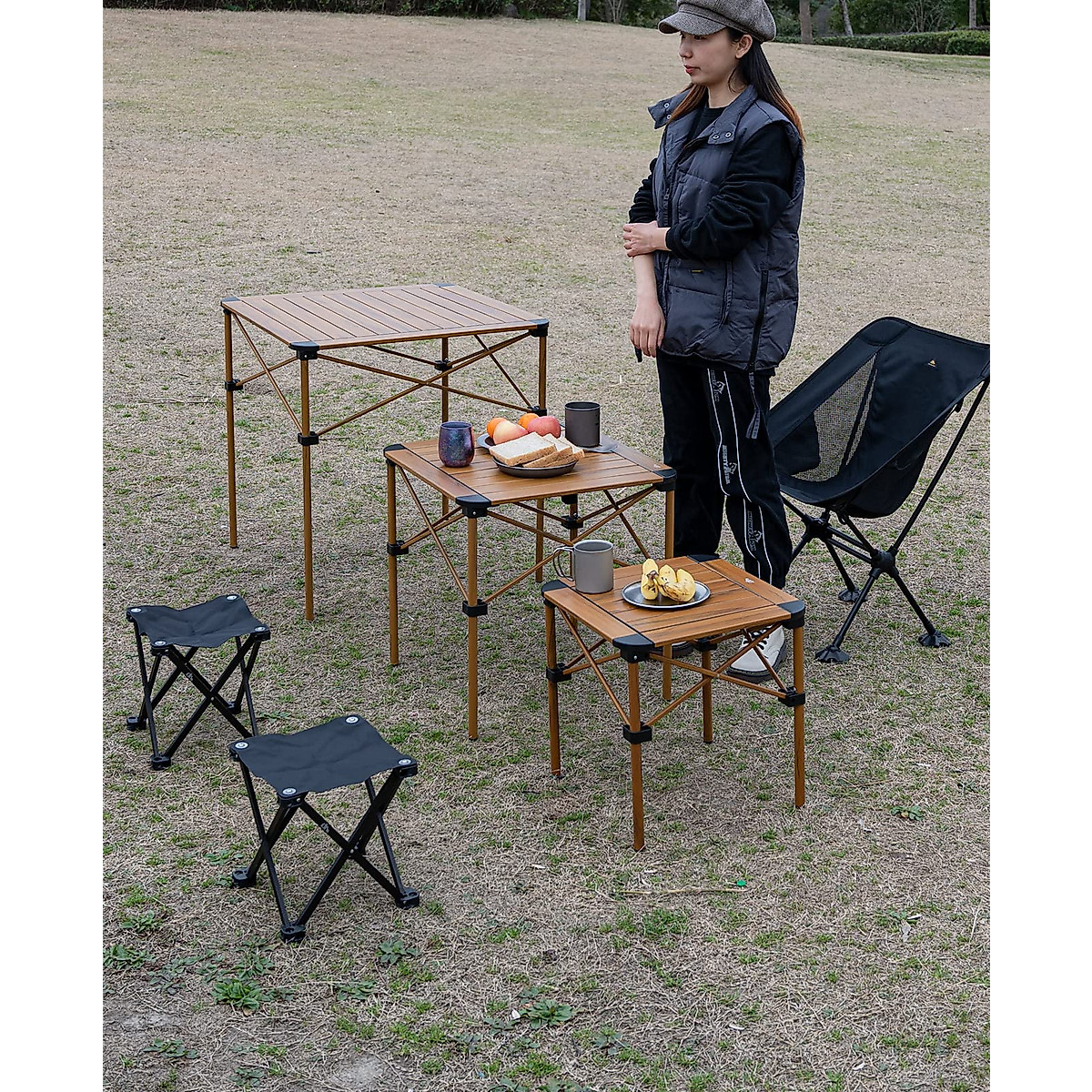 iClimb Lightweight Stable Alu. Folding Square Table Roll Up Top with Carry Bag for Camping Picnic Backyards BBQ Camp Kitchen (Nature, M)
