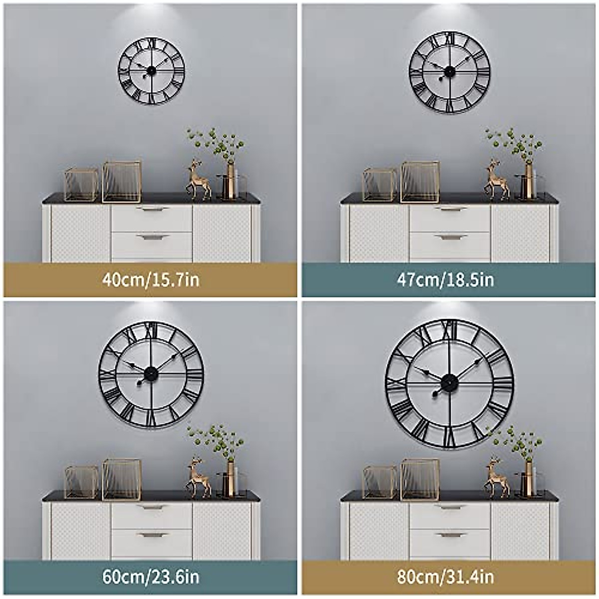 LEIKE Large Modern Metal Wall Clocks 40CM Round Nearly Silent Little Ticking Outdoor Black Roman Numeral Clock for Kitchen,Living Room,Bedroom Wall Decor