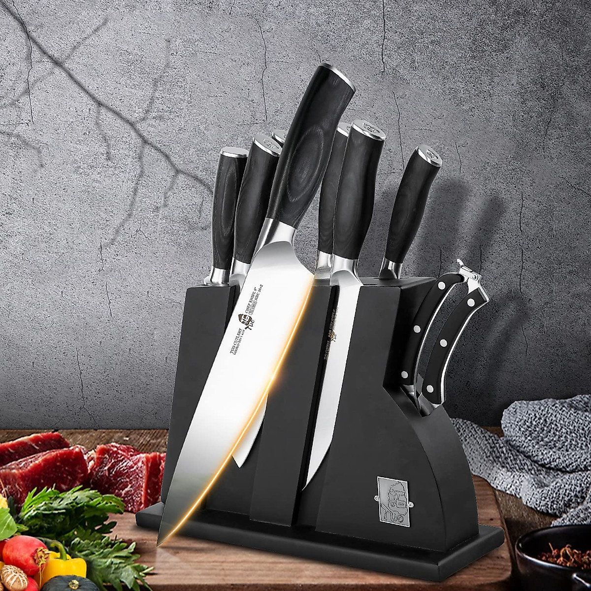 TUO 8 Pcs Chef Knife Set - Professional Knife Block Set Sharpener Steel, German Stainless Steel Ergonomic Pakkawood Handle with Gift Box, Fiery Phoenix Series - Black