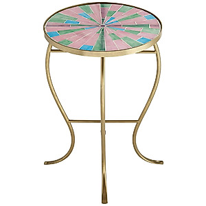 Teal Island Designs Pastel Modern Gold Metal Round Outdoor Accent Side Table 14 1/4" Wide Pink Green Hand-Crafted Mosaic Glass Tile Tabletop Gracefully Curved Legs for Porch Patio House Balcony