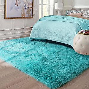 Ompaa Soft Fluffy Area Rug for Living Room Bedroom, 4x6 Teal Blue Plush Shag Rugs, Fuzzy Shaggy Accent Carpets for Kids Girls Rooms, Modern Apartment Nursery Dorm Indoor Furry Decor