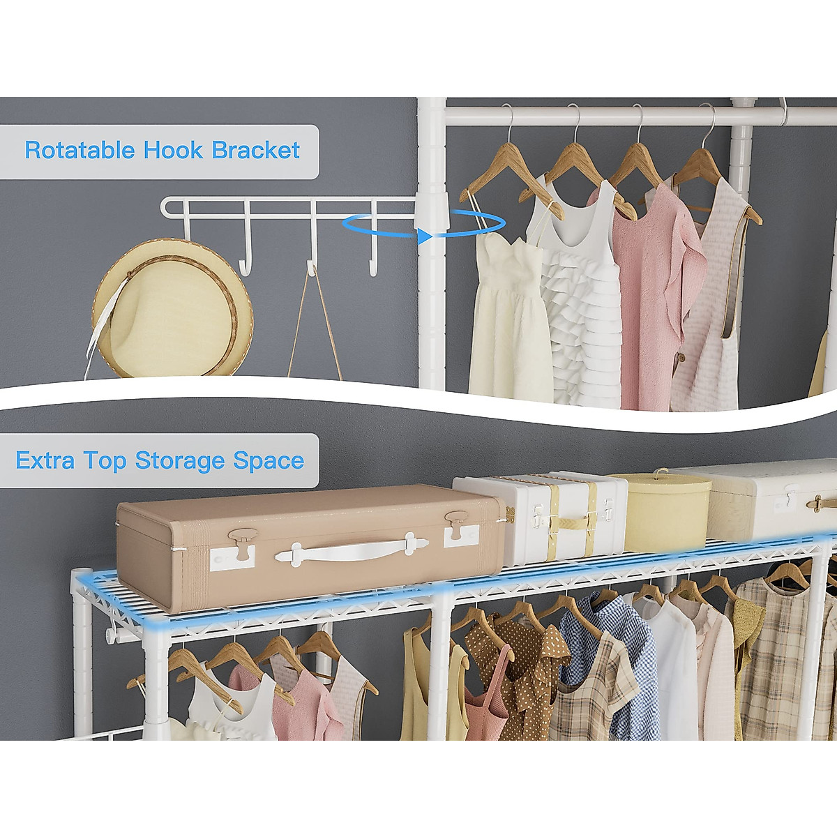 Ulif E3 Heavy Duty Garment Rack, 4 Tiers Freestanding Closet Organizer System with 5 Shelves, Metal Closet Organizer and Storage System for Clothes, Max Load 650lbs, 57.1"W x 14.5"D x 77.3"H, White