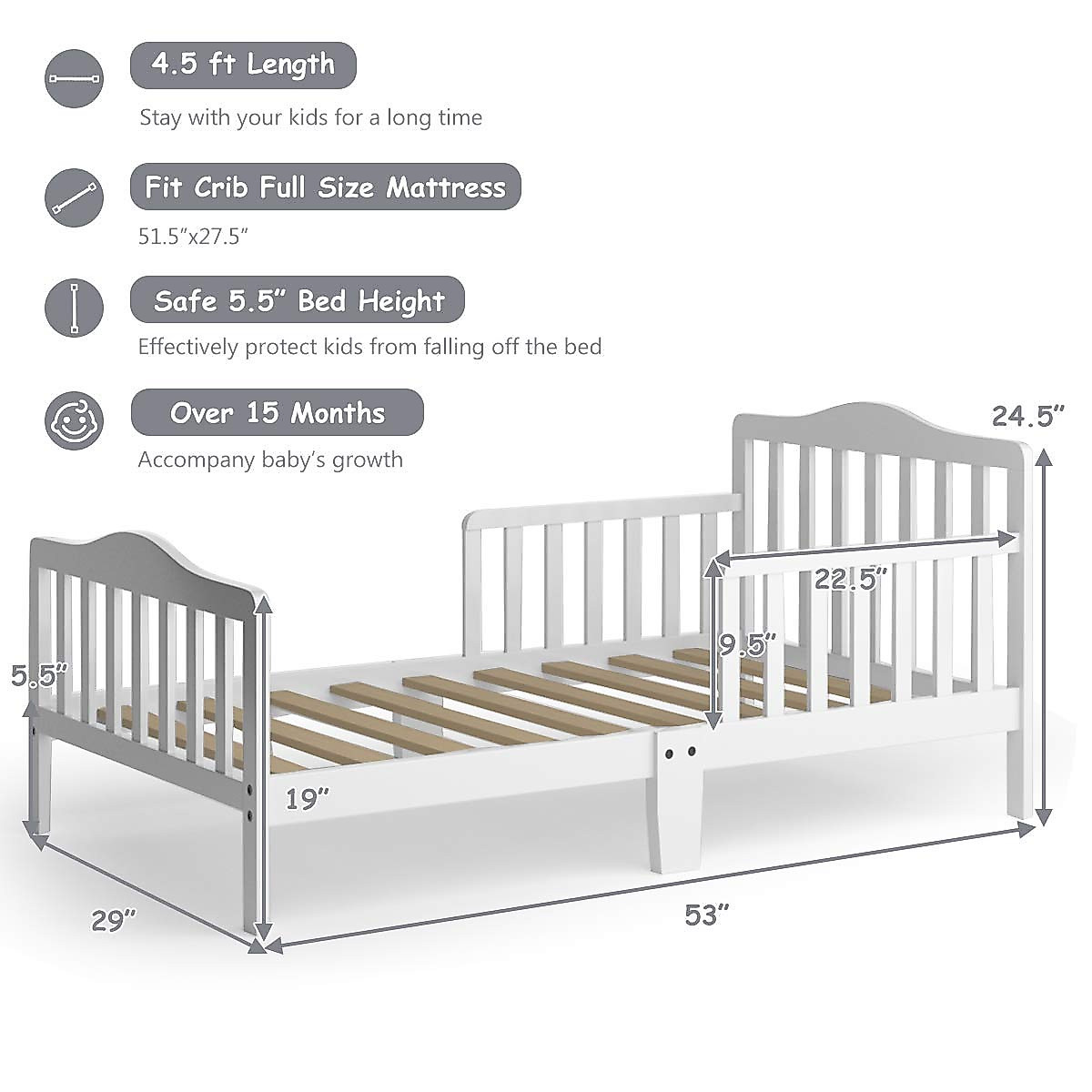 Costzon Toddler Bed, Classic Wood Kids Bed Frame w/Double Safety Guardrail, Low to Floor Design, Wooden Slat Support, Fits Full Size Crib Mattress, Bedroom Furniture for Boys & Girls (White)