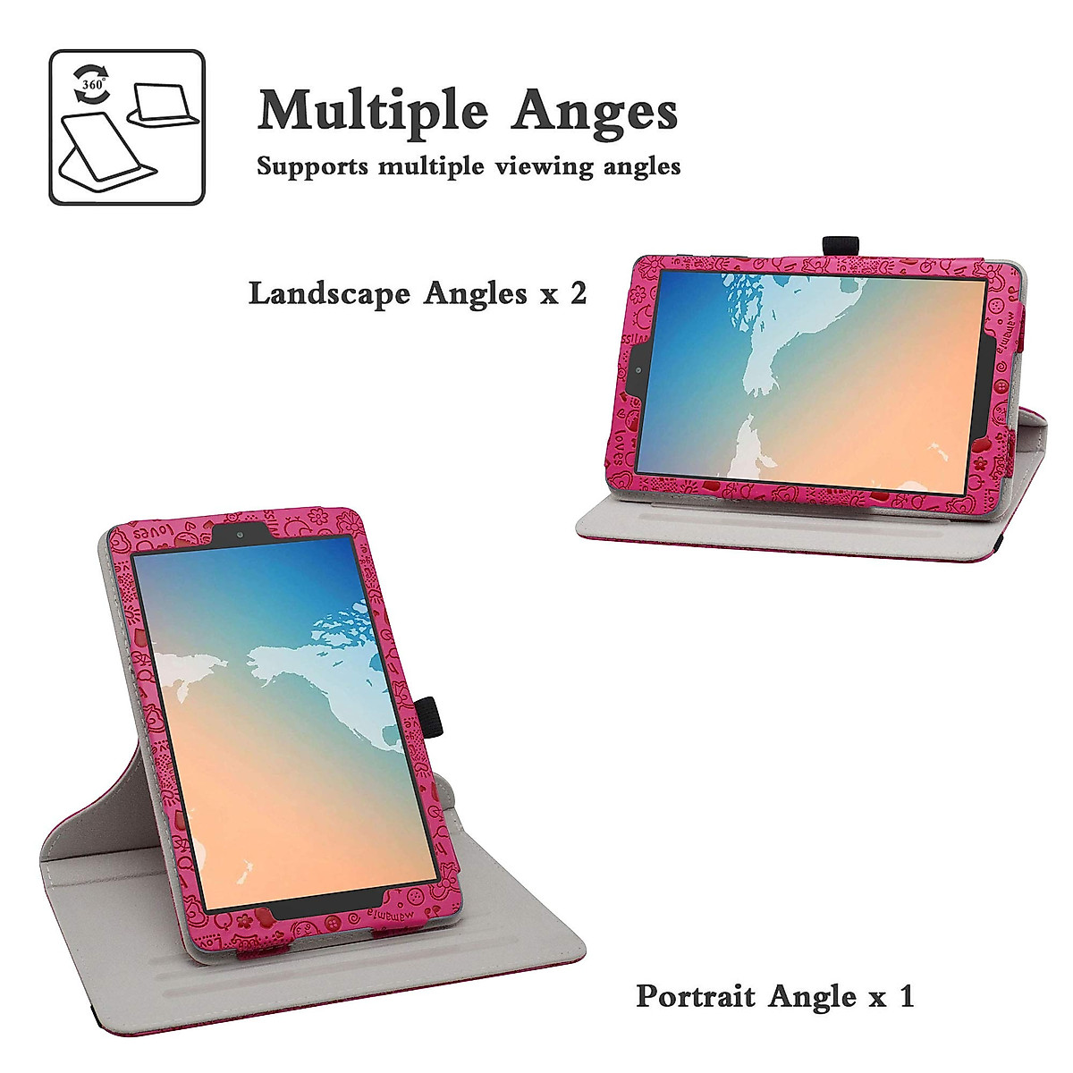 Bige for Alcatel Joy Tab 2 Case, 360 Rotary Stand with Cute Rose Red Pattern Cover for 8" Tablet
