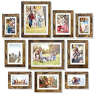 EOMEOH Picture Frames Set of 10, Wood Picture Frame with Mat and HD Glass Including 4×6 5×7 8×10 Inch Photo Frames for Wall or Tabletop (Brown)