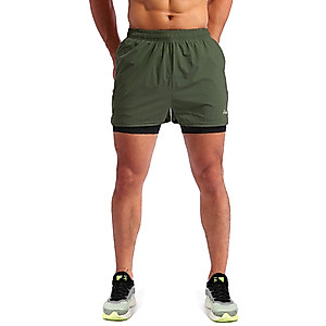 Pudolla Men’s 2 in 1 Running Shorts 5" Quick Dry Gym Athletic Workout Shorts for Men with Phone Pockets(Dark Green Medium)