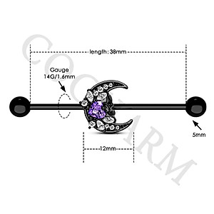 COCHARM Black Moon Industrial Earrings 14g Purple CZ Halloween Industrial Bar Piercing Spoooky Industrial Earring, Halloween Industrial Piercing Jewelry