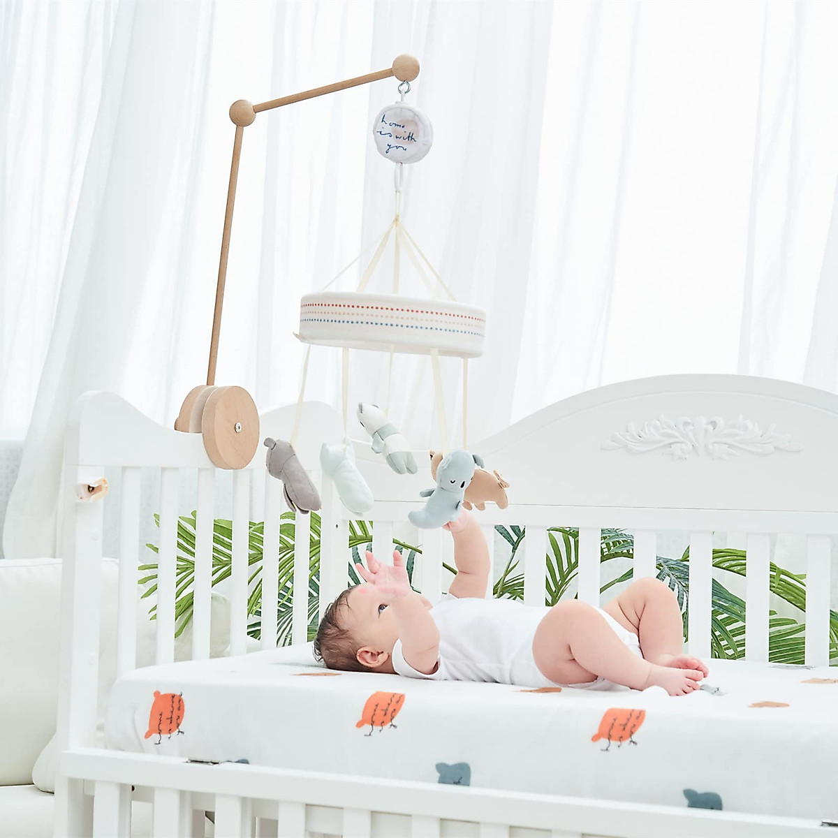 UniNewborn Baby Crib Mobile Musical Nursery Mobiles for Bassinet with Wooden Holder, Animal Toys Crib Mobile with Music for Baby, White